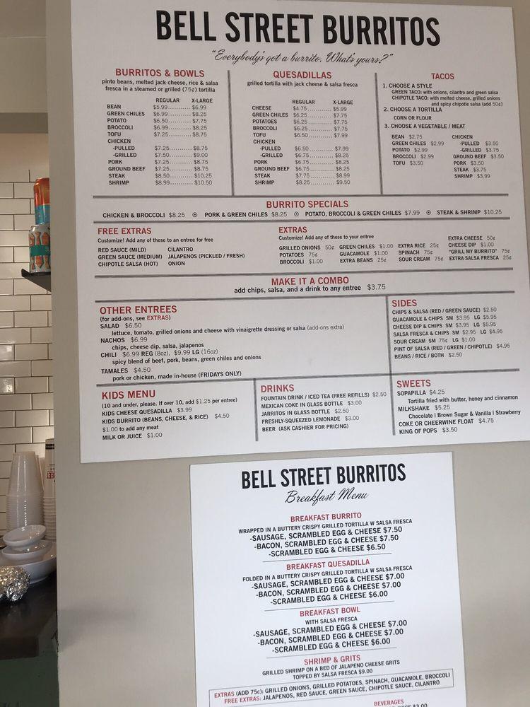 Menu at Bell Street Burritos restaurant, Tucker