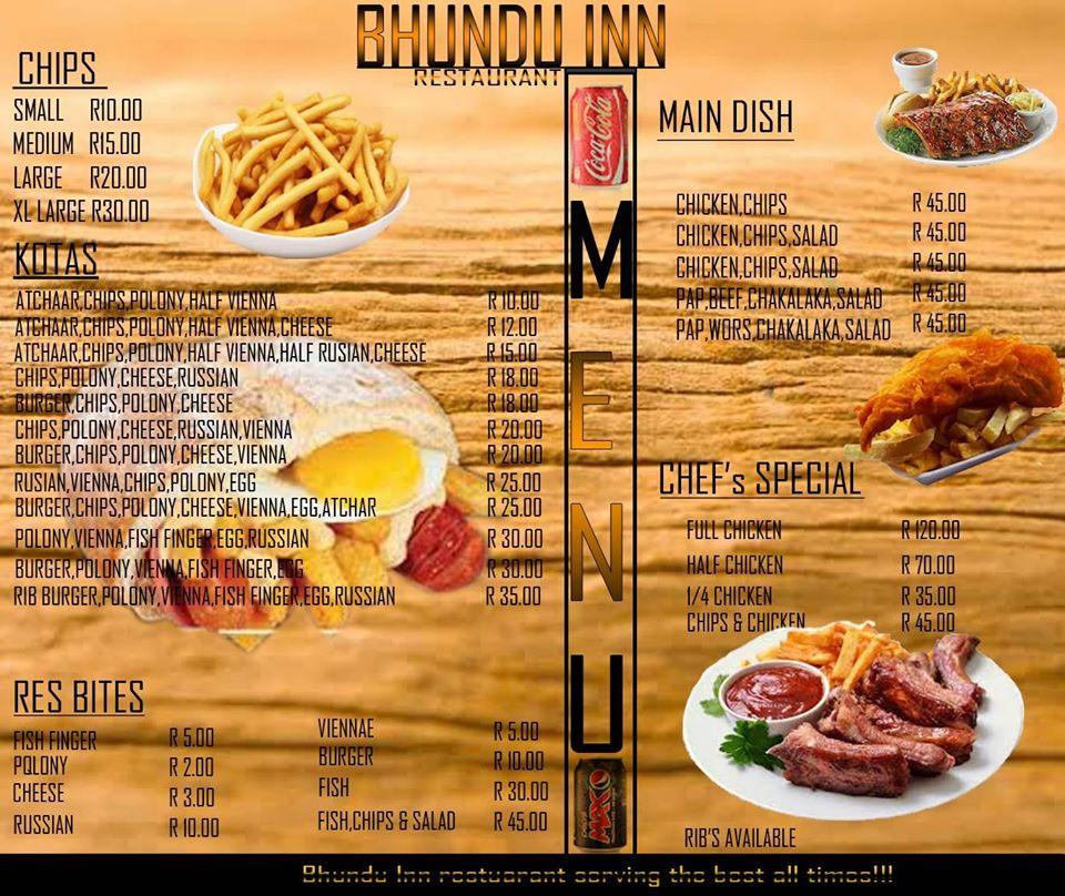 Menu at Bhundu INN. Restaurant & Shisa Nyama, Nelspruit
