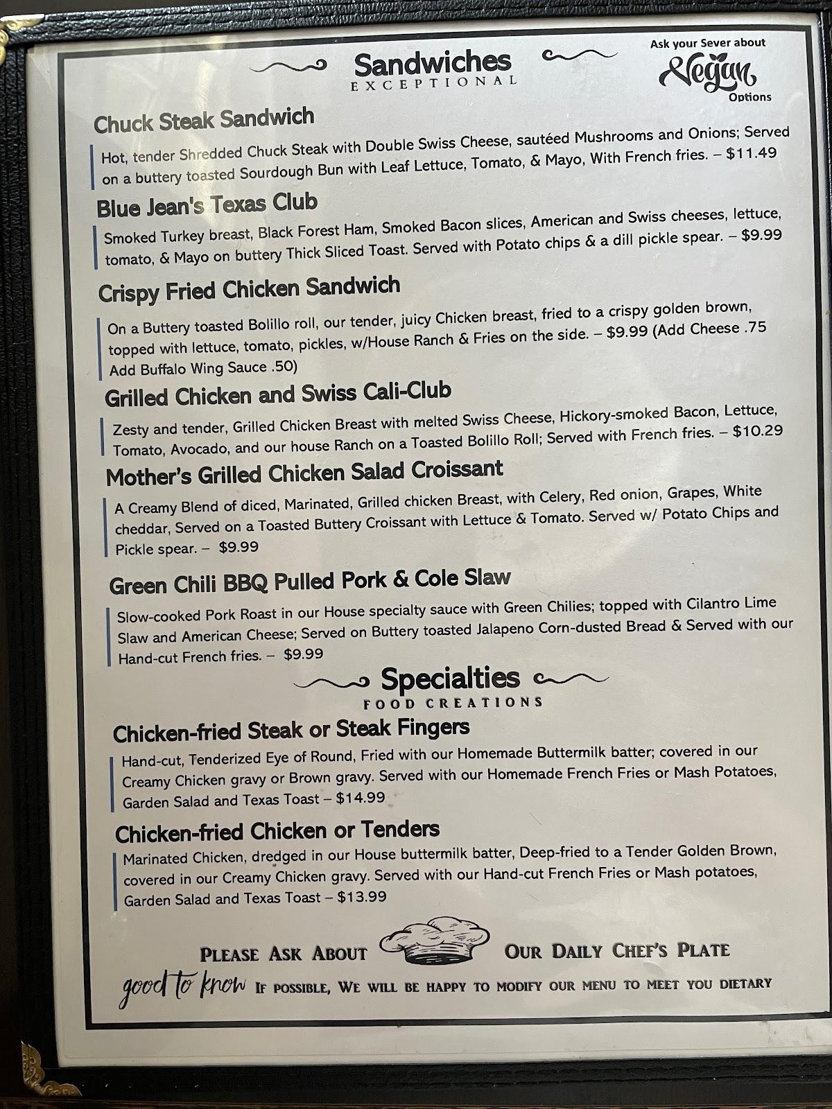 Menu at Blue Jean Café restaurant, Stamford