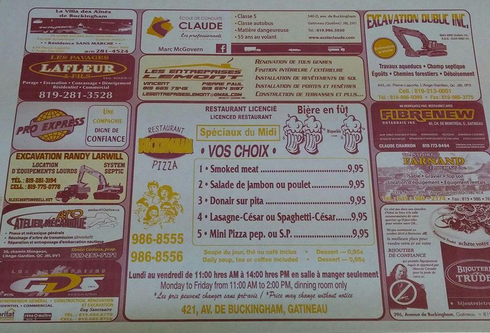 Menu au Buckingham Pizza pizzeria, Gatineau