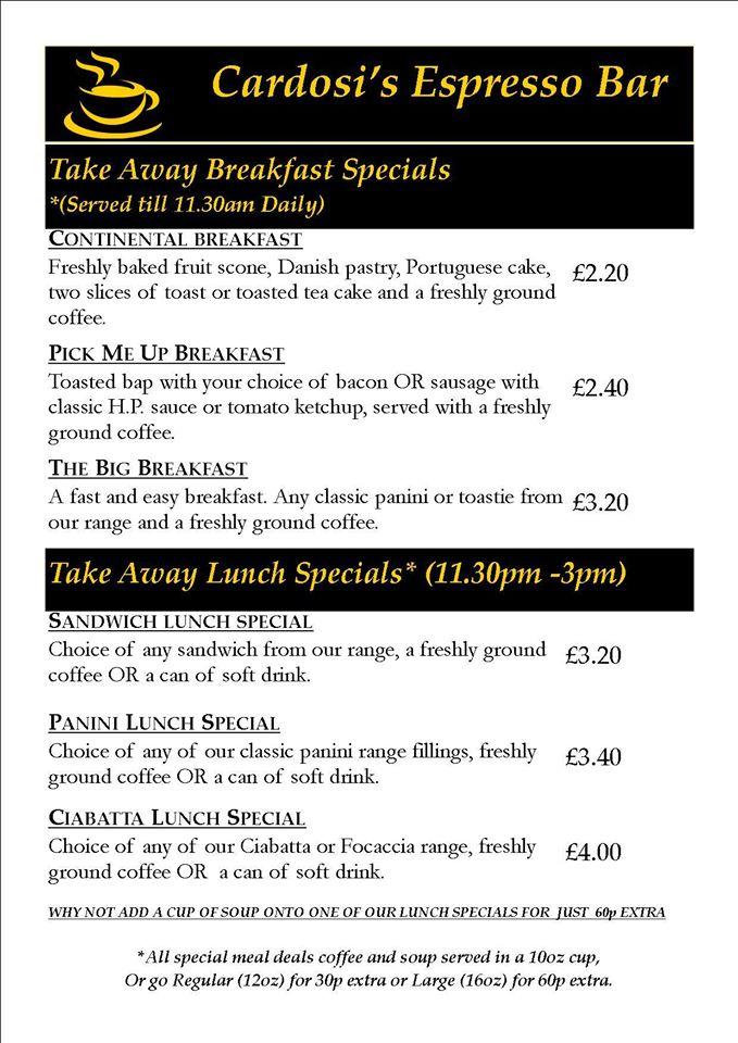 Menu at Cardosi's Espresso Bar, Paisley, 65 High St