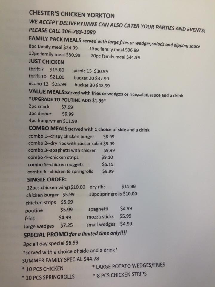 Menu at Chester's Chicken restaurant, Yorkton