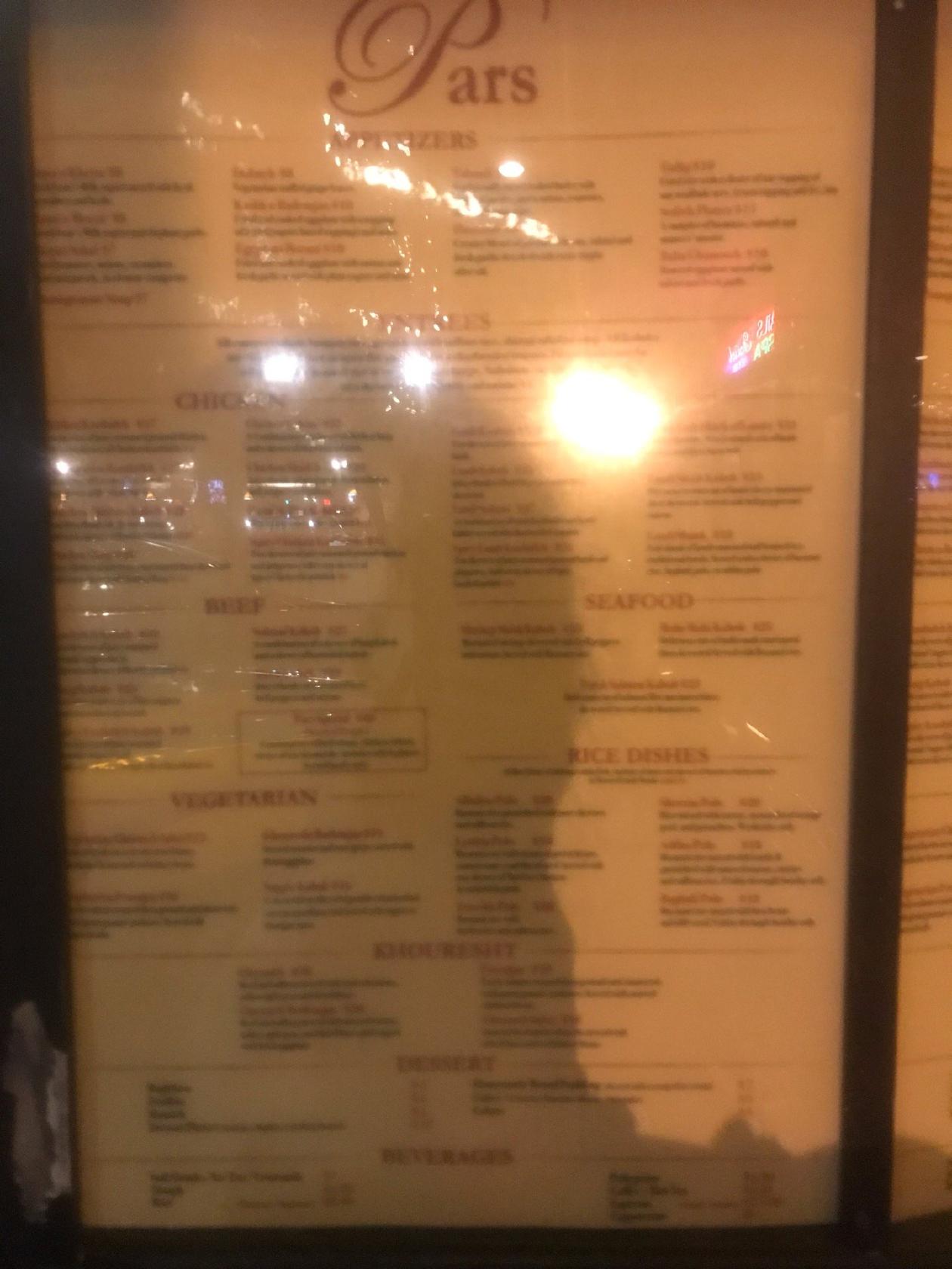 Menu at Jino's Pars - Persian restaurant, Los Angeles