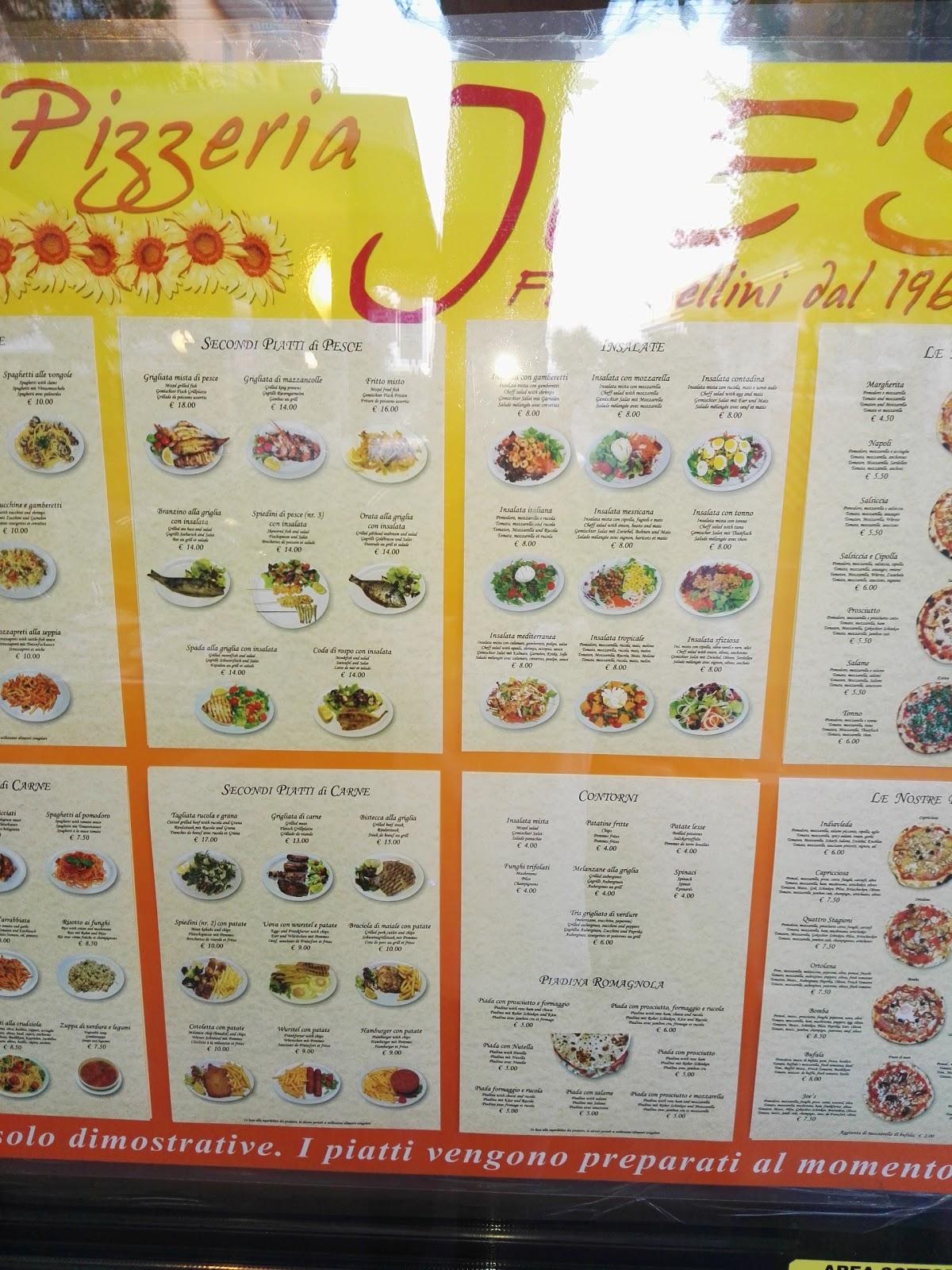 Menu at Joe's Il Marinaio restaurant, Rimini