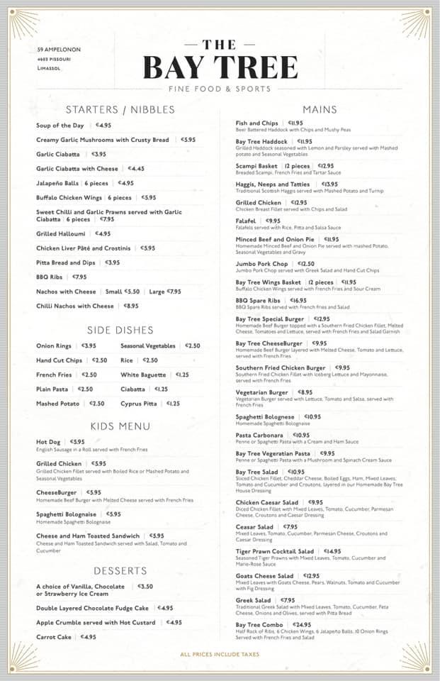 Menu at The Baytree Bar, Pissouri