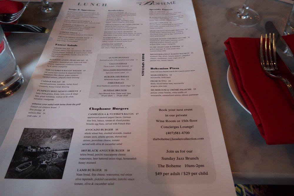 Menu at The Boheme pub & bar, Orlando, Grand Bohemian Hotel Orlando