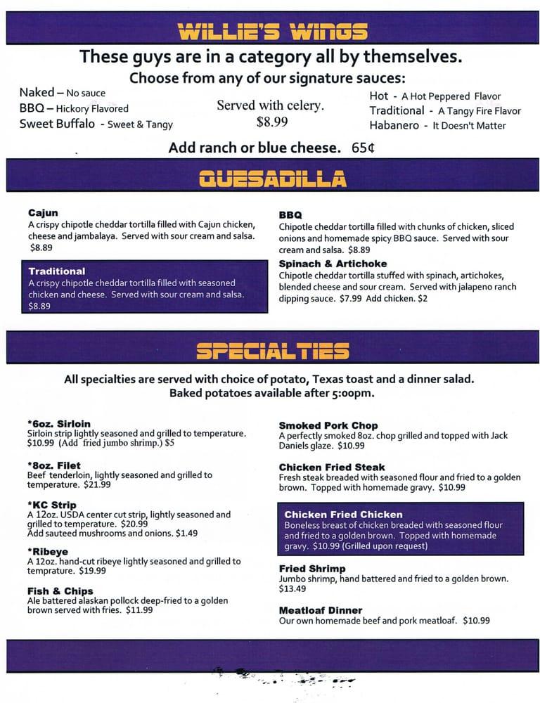Menu at Willie's Sports Bar & Grill, El Dorado