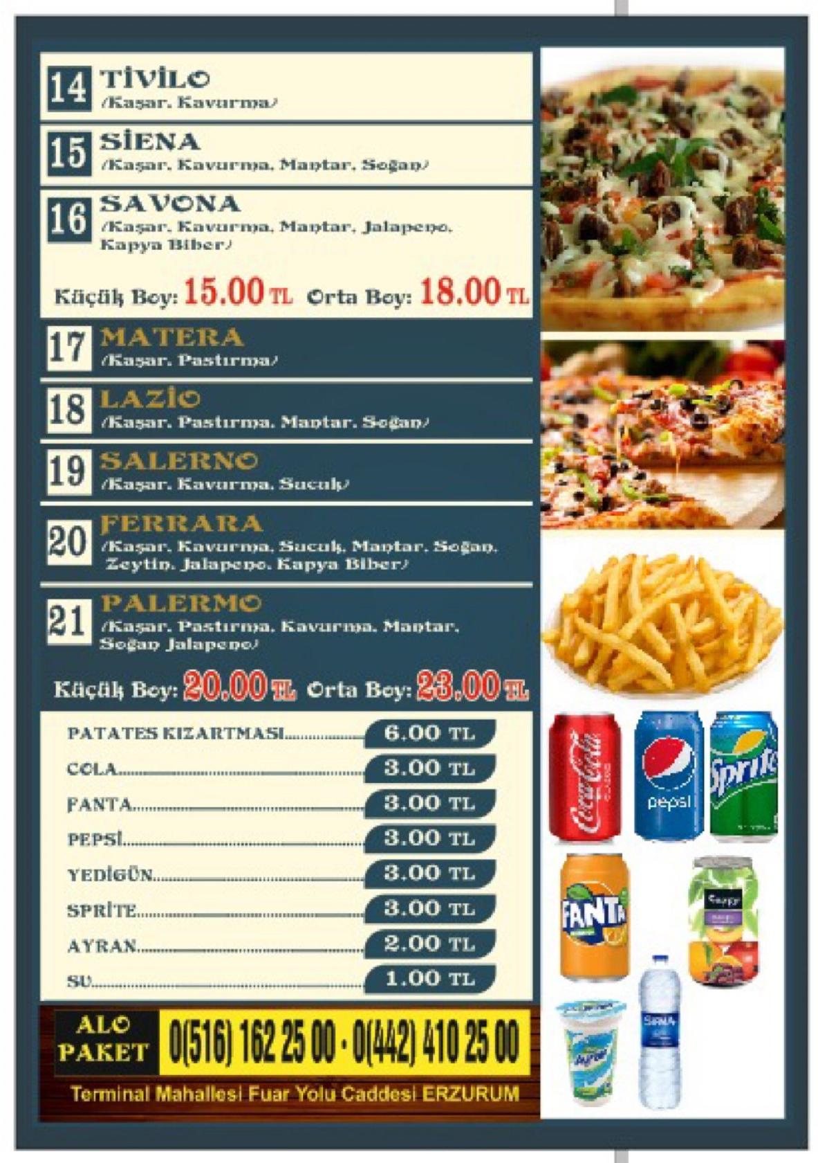 Menu at italian pizza house, Erzurum