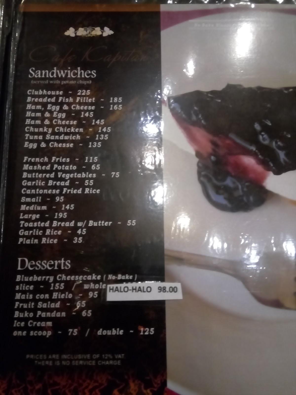 Menu at Cafe Kapitan Restaurant, Marikina, 323 J. P. Rizal St