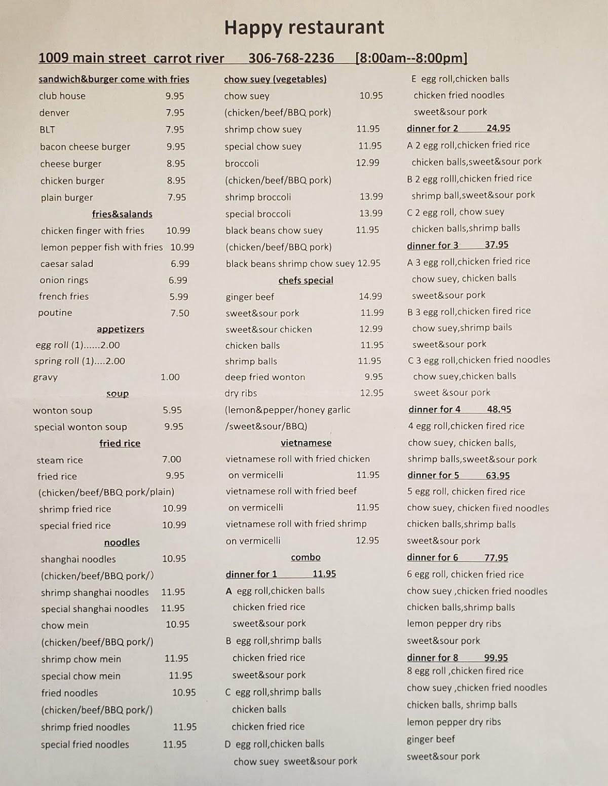 Menu at Happy Restaurant, Carrot River
