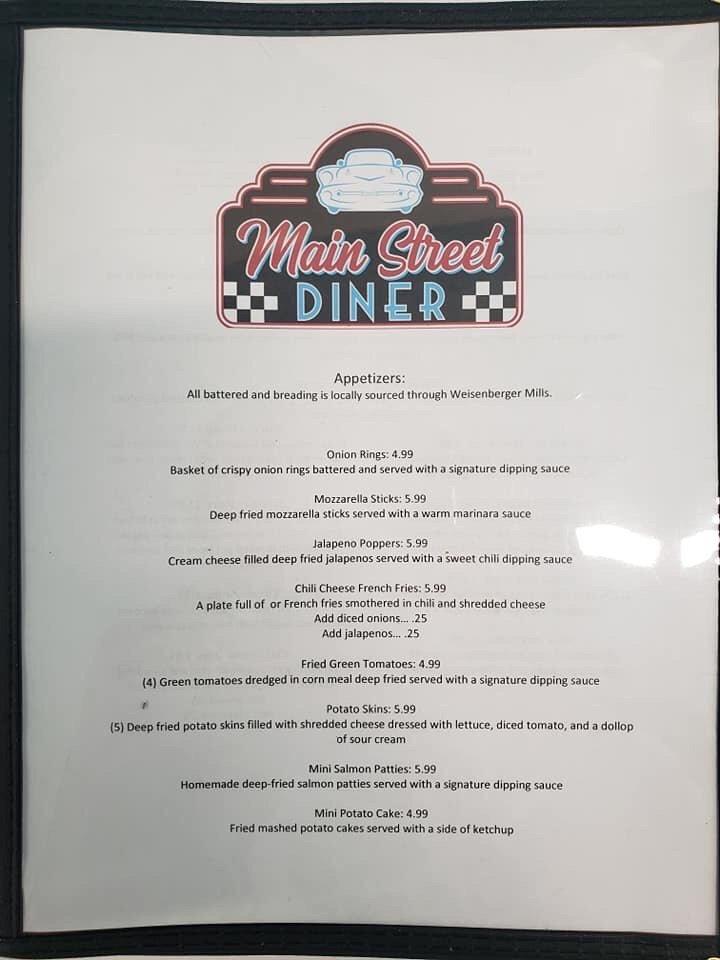 Menu at Main Street Diner restaurant, Frankfort