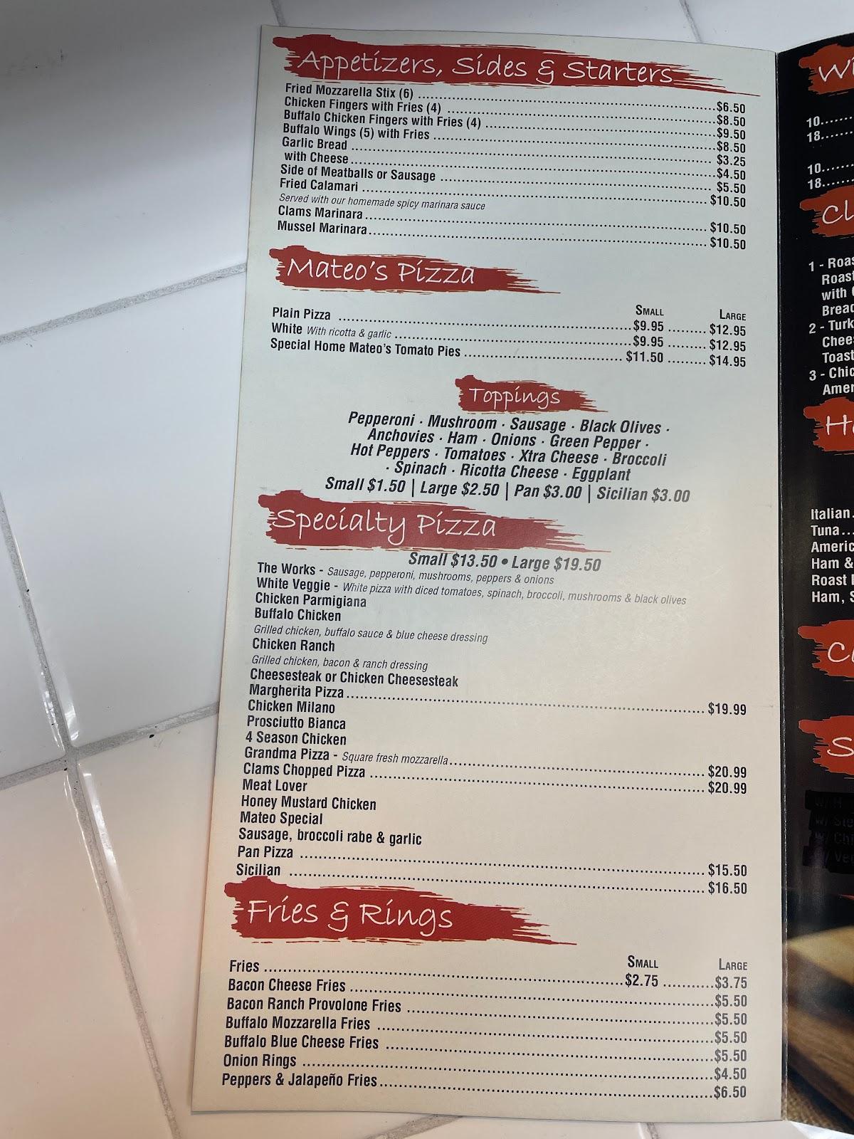 Menu at Mateo's Restaurant, Hainesport