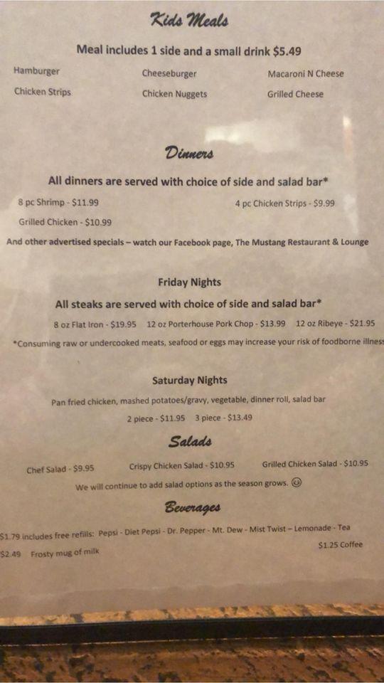Menu at Mustang Restaurant & Lounge, Sutton