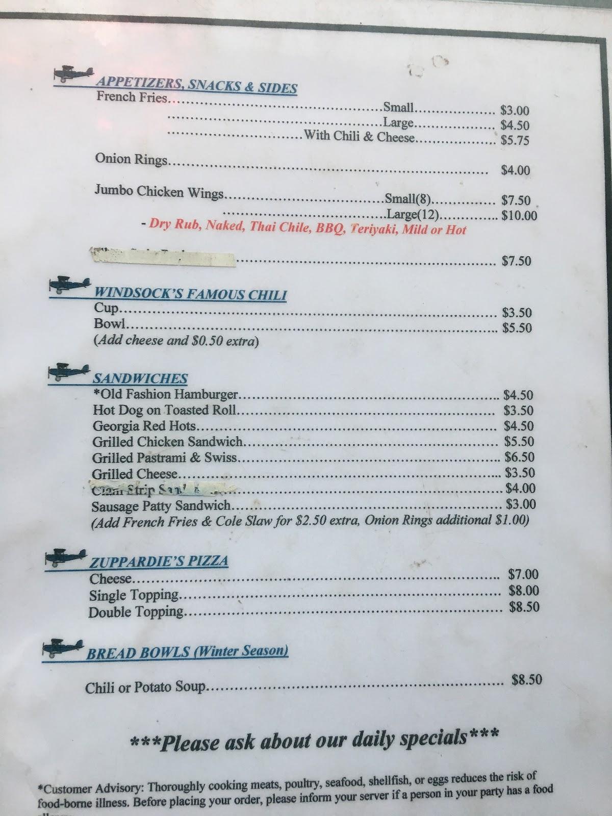 Menu at Windsock Inn Inc pub & bar, Stratford
