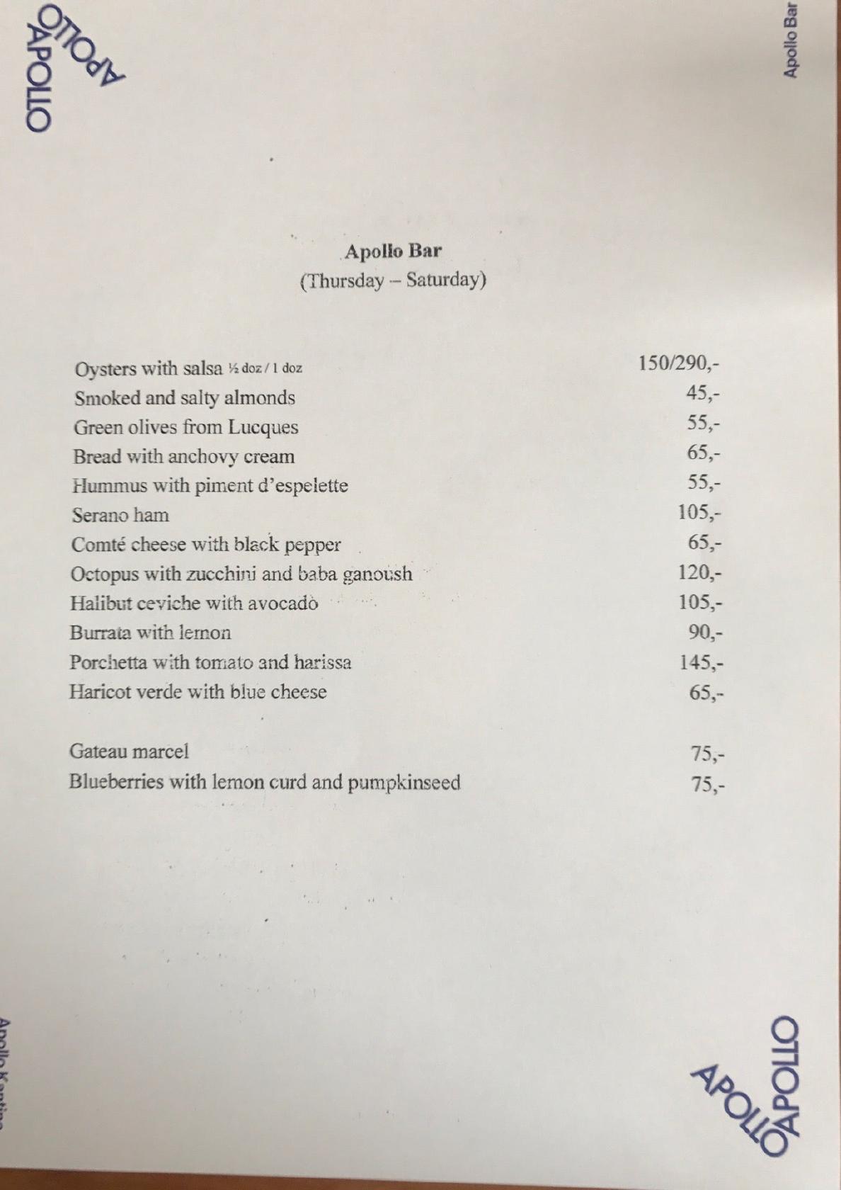 Menu at Apollo Bar, Copenhagen