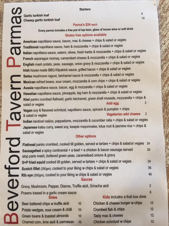 Menu at Beverford Tavern pub & bar, Beverford
