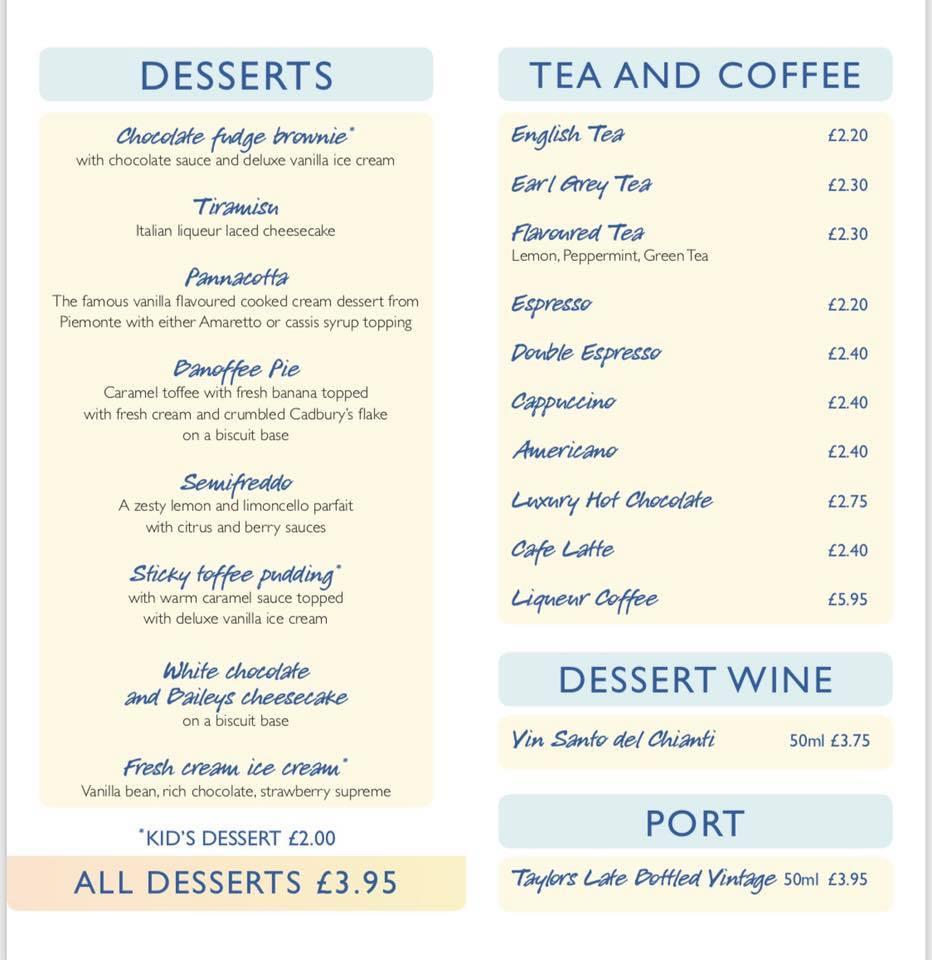 Menu at Capri restaurant, Barnard Castle
