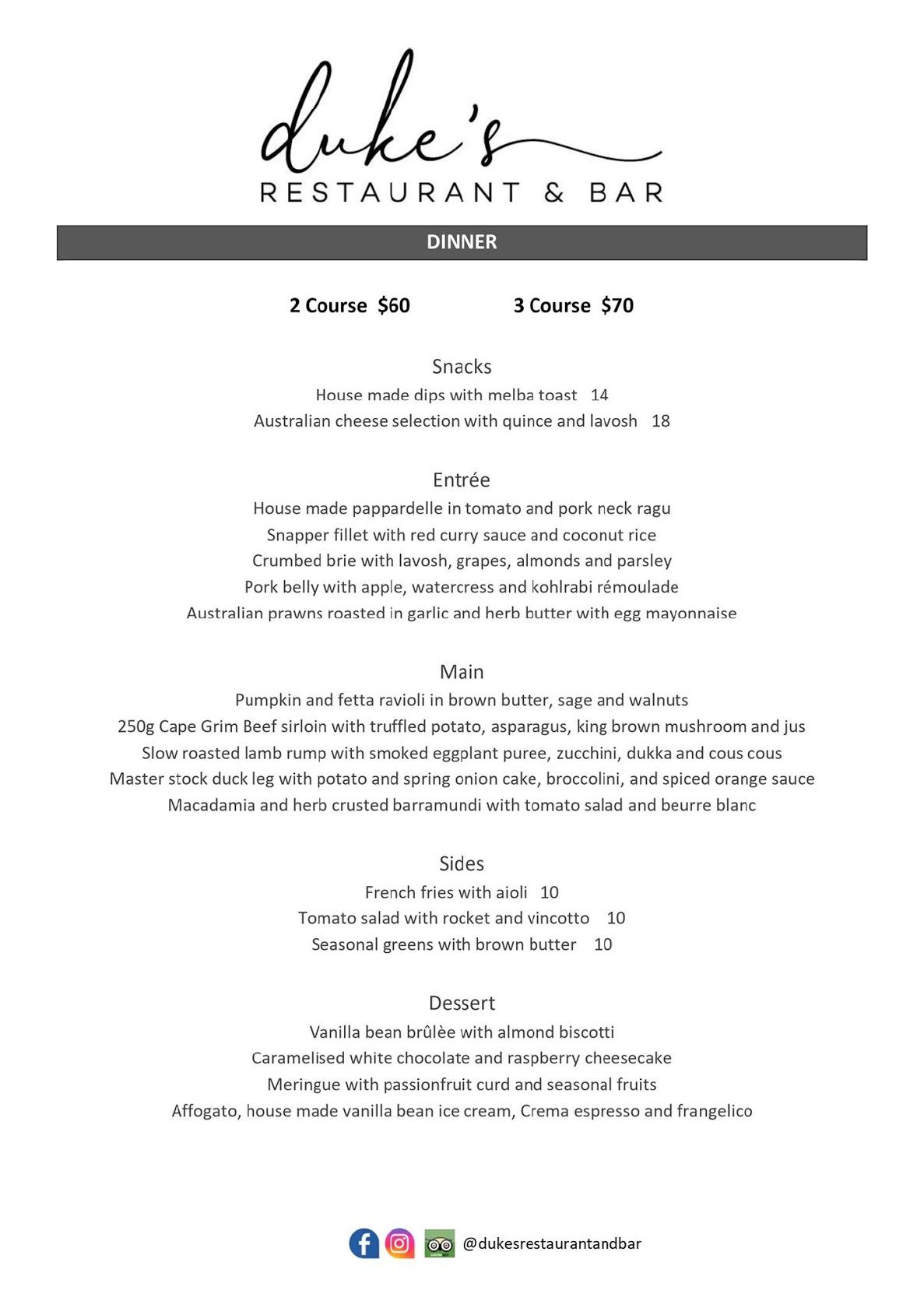 Menu at Duke's Restaurant & Bar, East Maitland