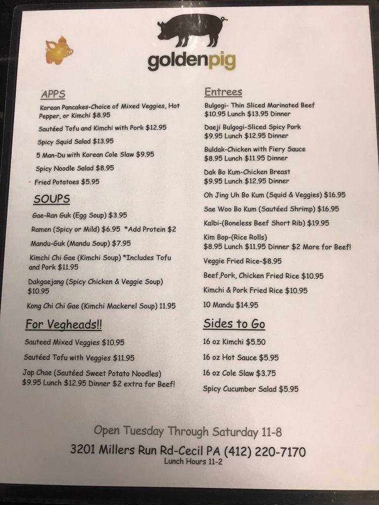Menu at Golden Pig restaurant, Cecil-Bishop