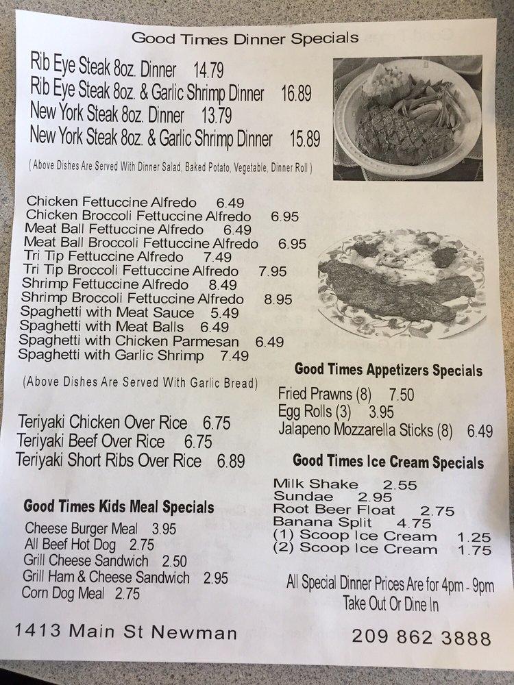 Menu at Good Times restaurant, Newman