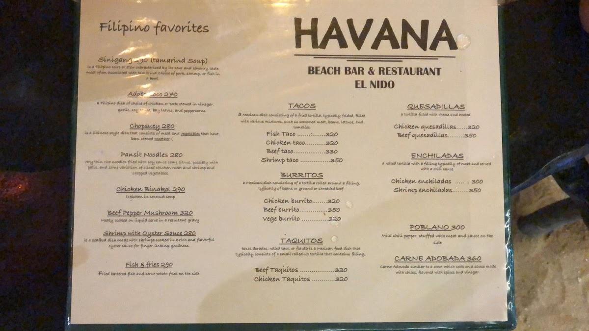 Menu at Havana Beach Bar & Restaurant, El Nido