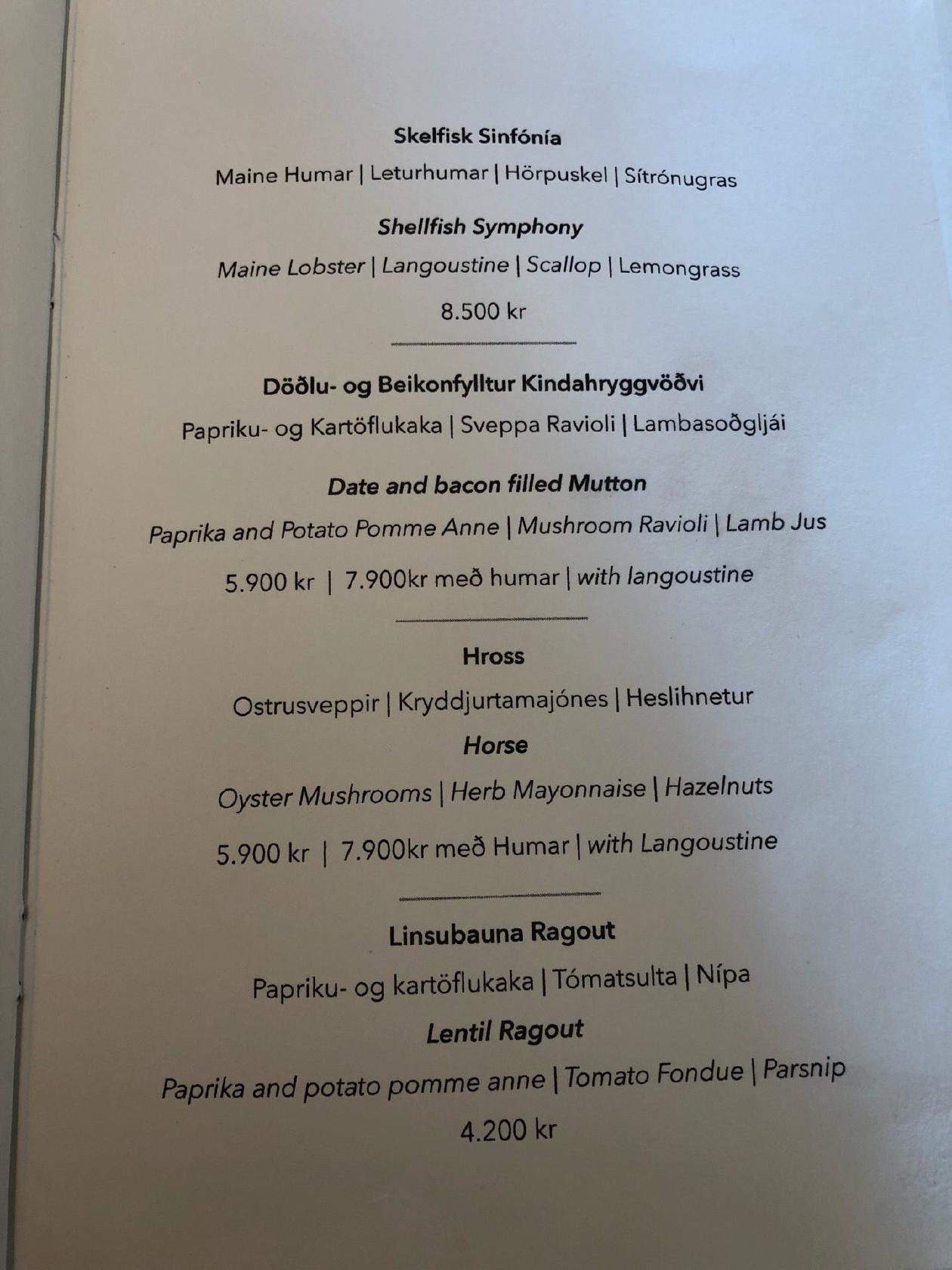 Menu at Humarhúsið - The Lobsterhouse restaurant, Reykjavík