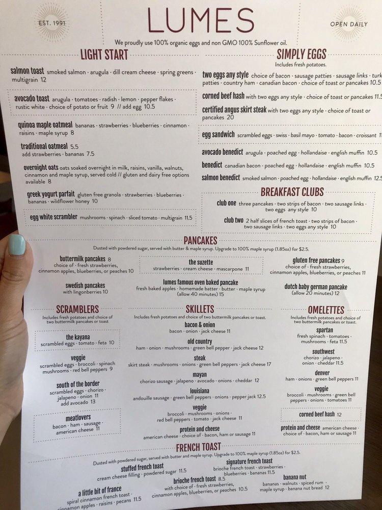 Menu at Lumes Brunch Cafe, Willowbrook