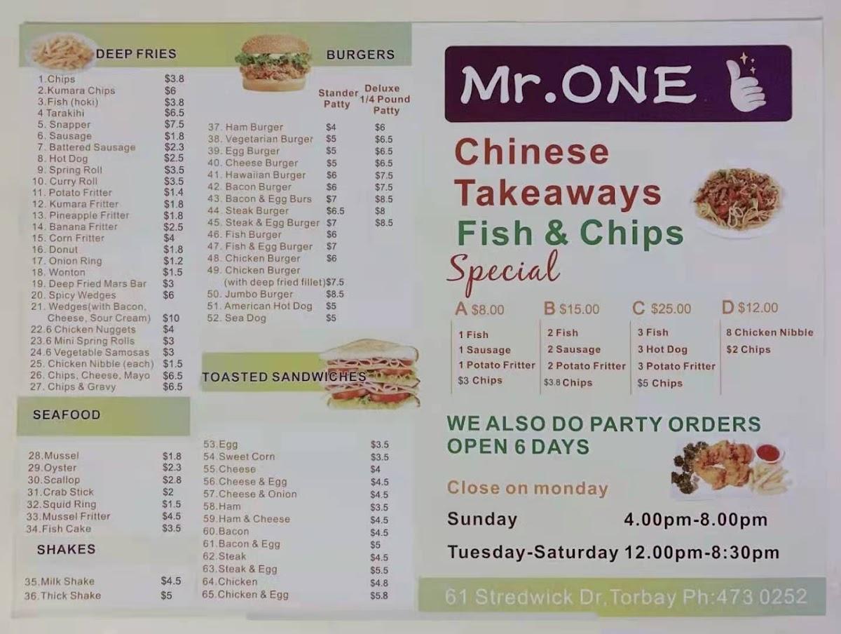 Menu at Mr One fast food, Auckland