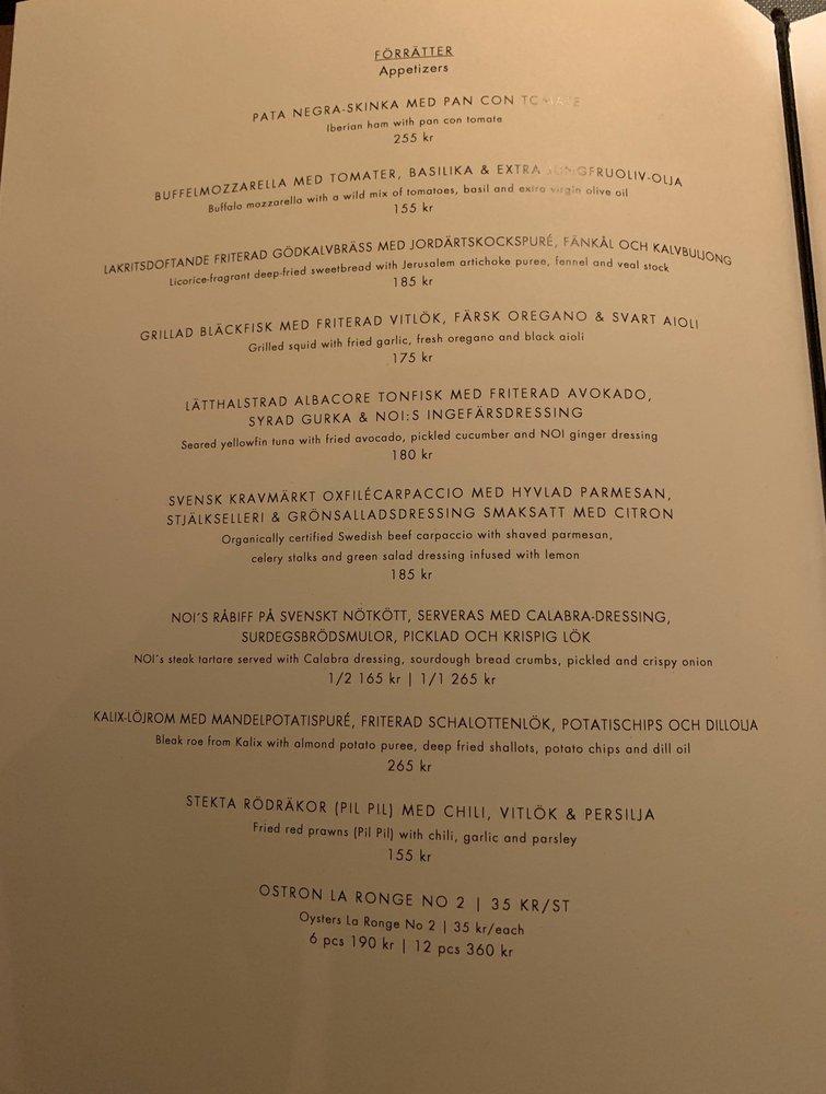 Menu at Restaurant NOI, Stockholm