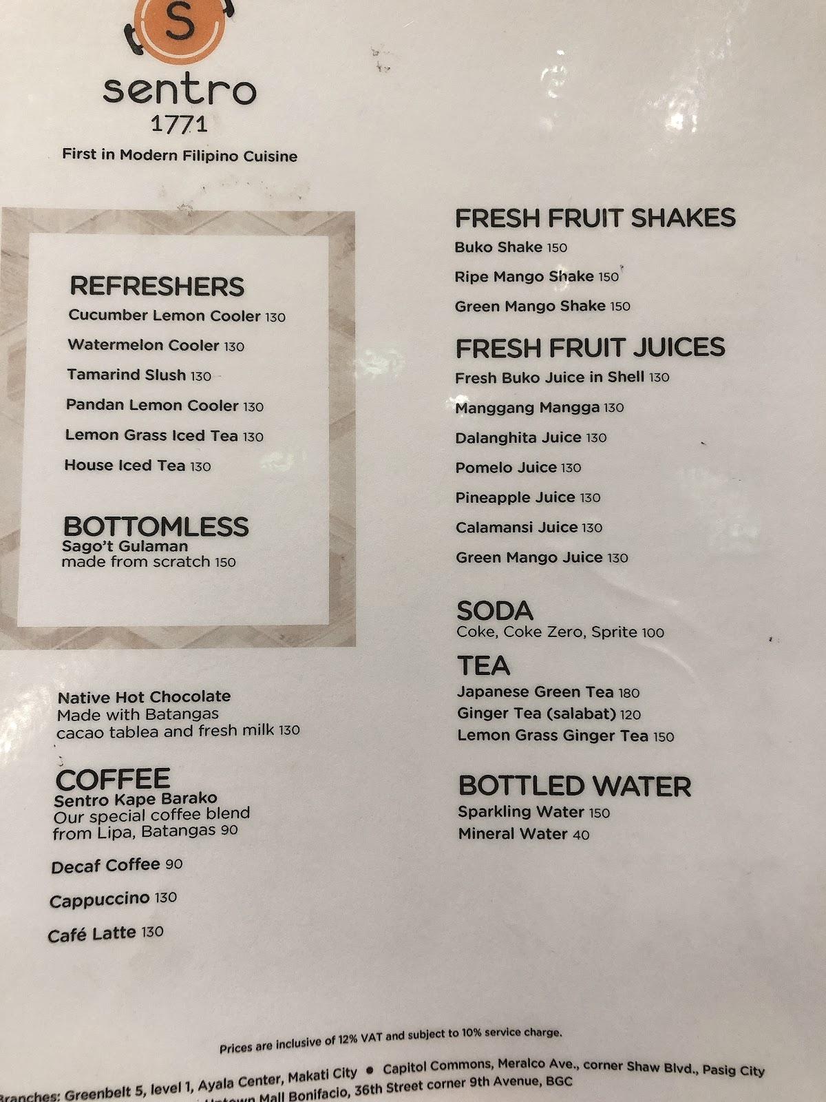 Menu at Sentro 1771 (Greenbelt 5) restaurant, Makati, G/F Greenbelt 5 ...