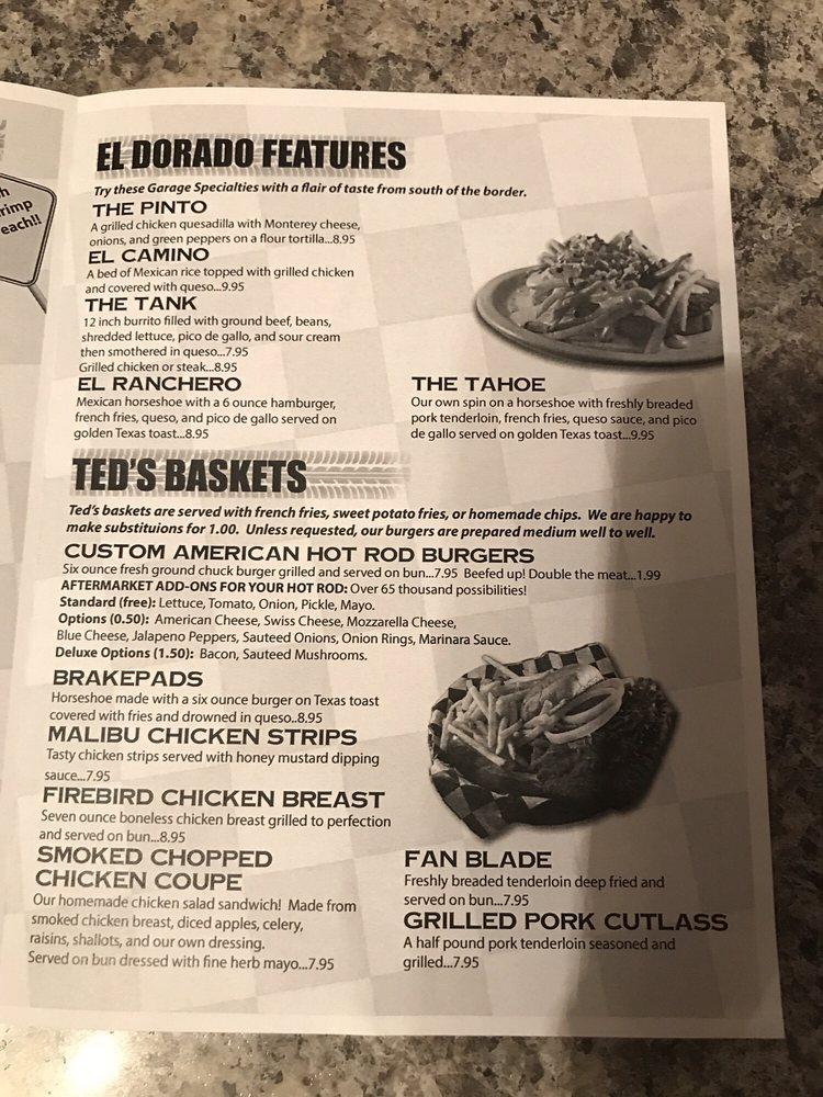 Menu at Ted's Garage restaurant, Clinton
