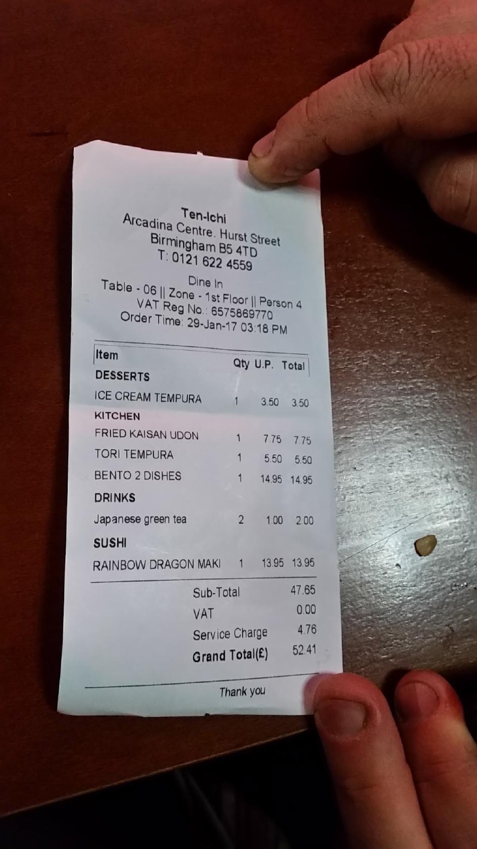 Menu at Ten Ichi restaurant, Birmingham