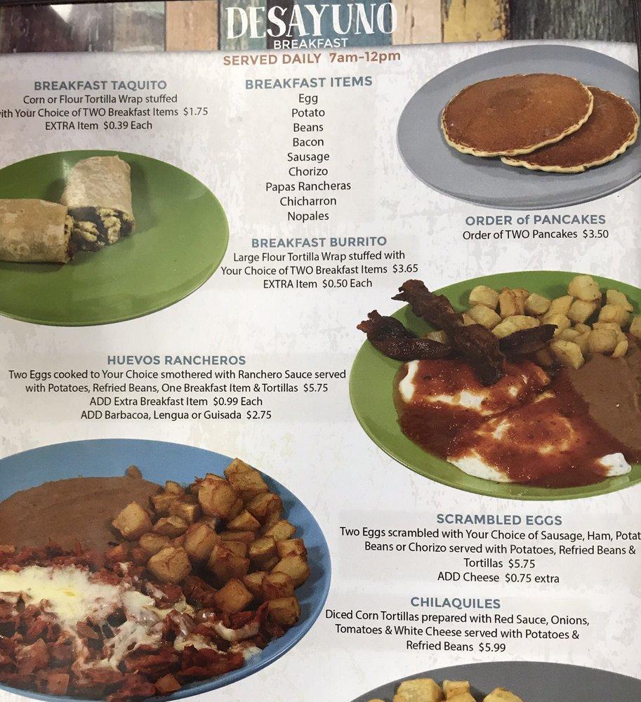 Menu at Arandas Taqueria restaurant, Slaton