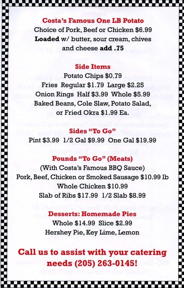 Menu at Costa's Famous Bar-B-Que LLC, Birmingham, 215 Lakeshore Pkwy