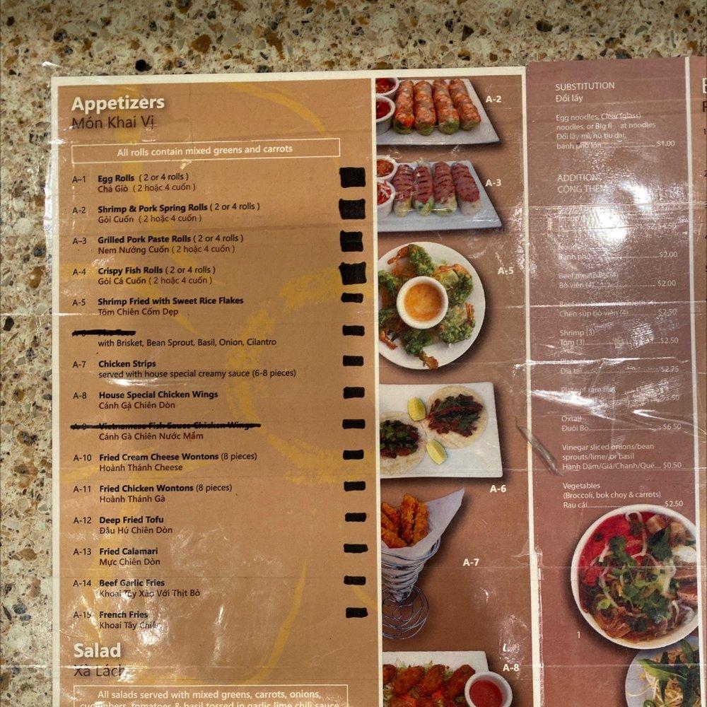 Menu at Pho Mai restaurant, Chino Hills
