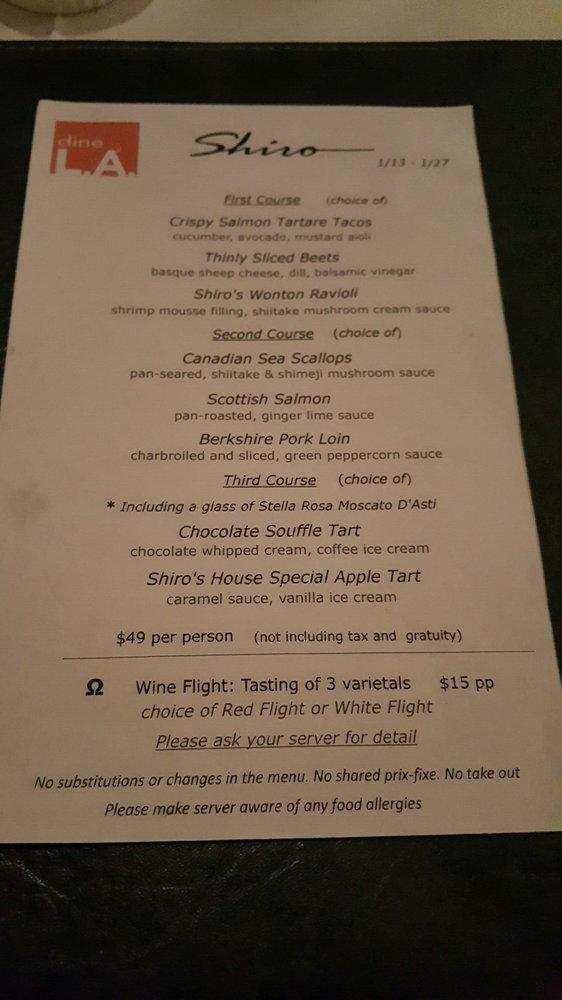 Menu at Shiro pub & bar, South Pasadena