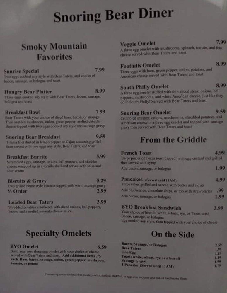 Menu at Snoring Bear Diner restaurant, Walland