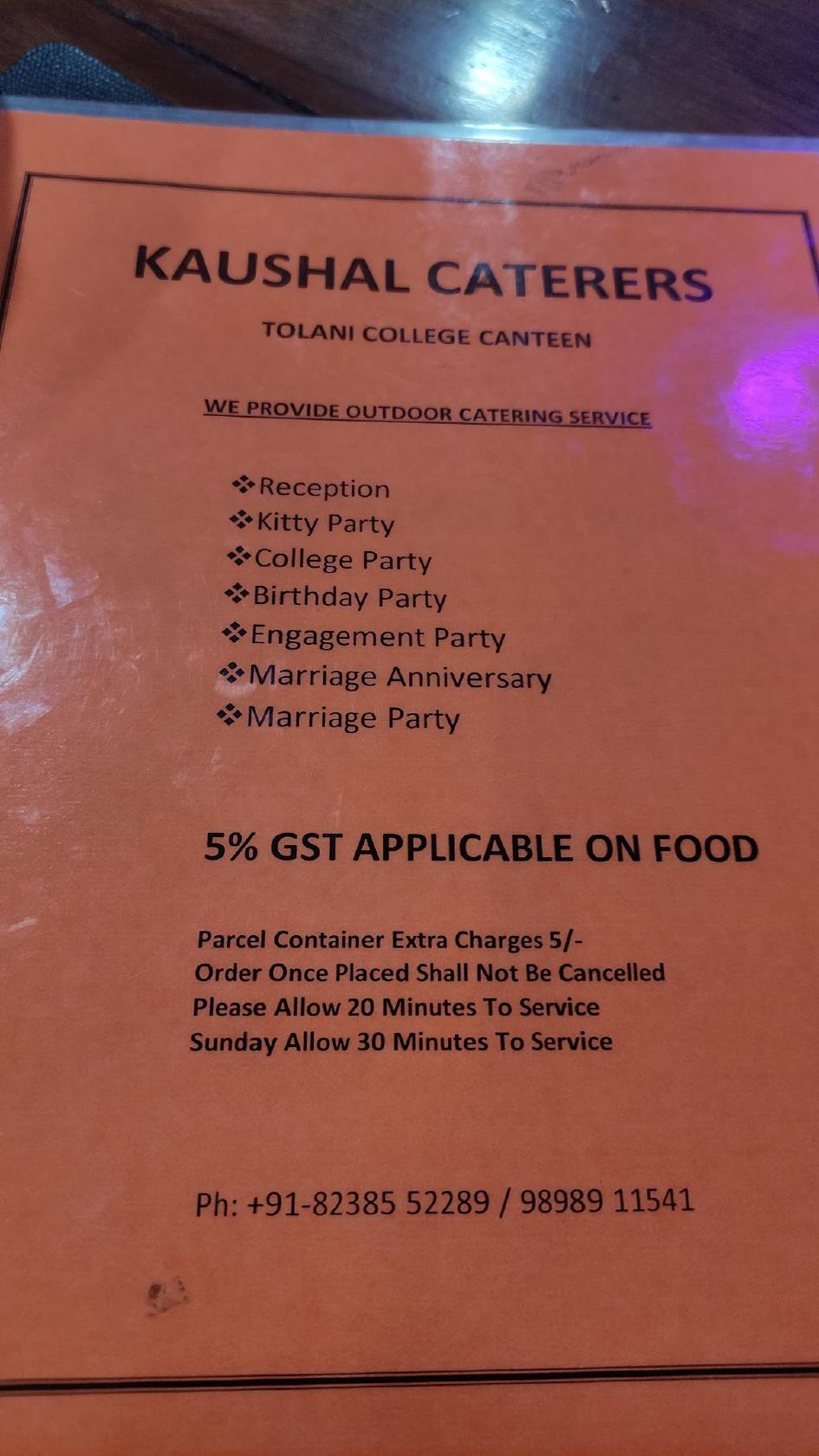 Menu at Tolani College Canteen, Gandhidham