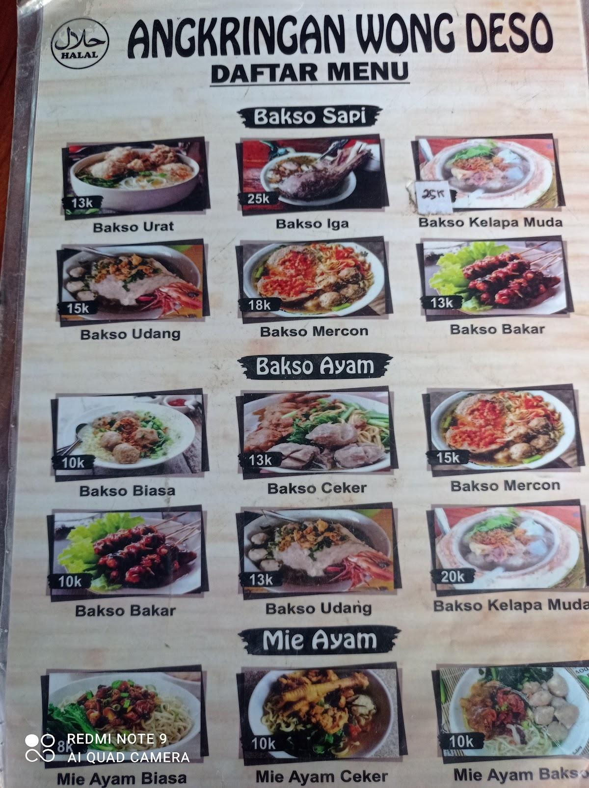 Menu at Angkringan Wong Deso restaurant, Indonesia, F837+GRF