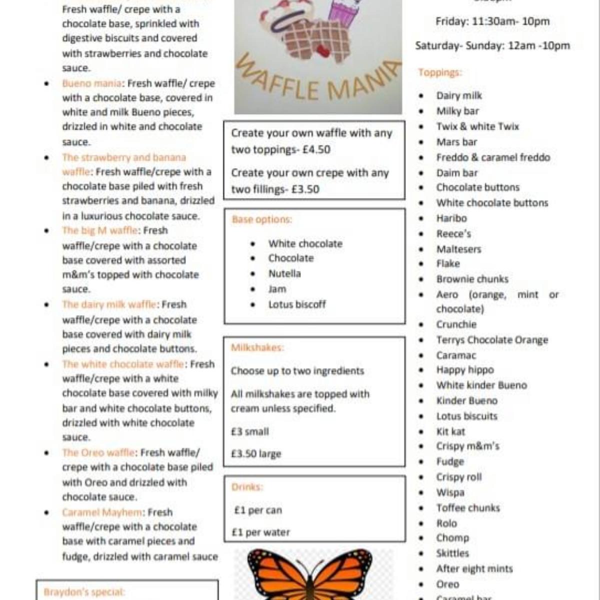Menu at Braydon's Waffle Mania Ltd desserts, Milnthorpe