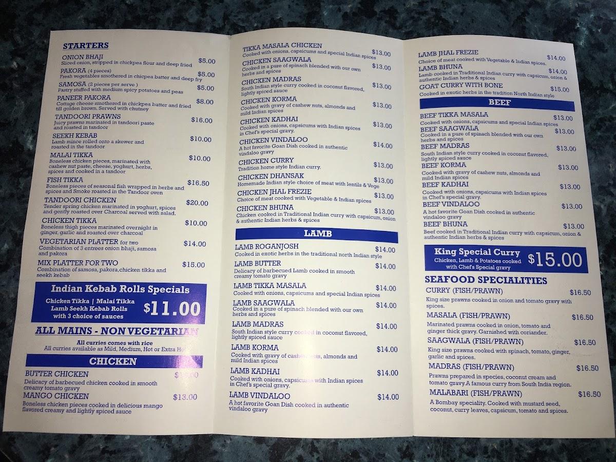 Menu at King of India restaurant, Auckland
