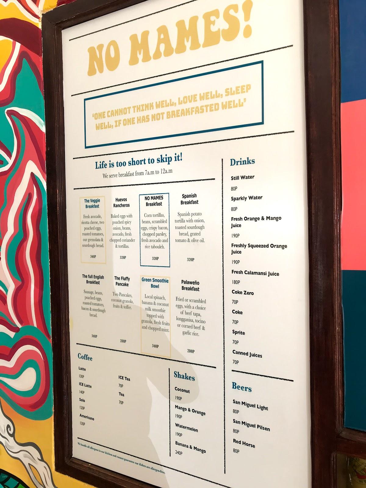 Menu at NO MAMES! restaurant, El Nido