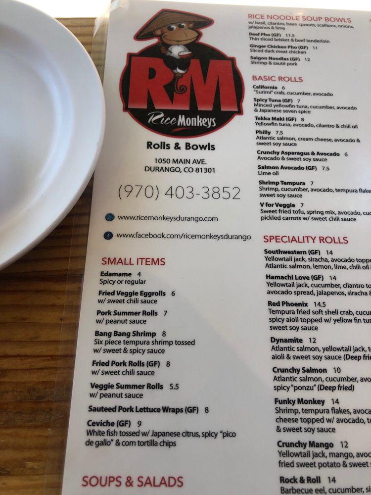 Menu at Rice Monkey restaurant, Durango
