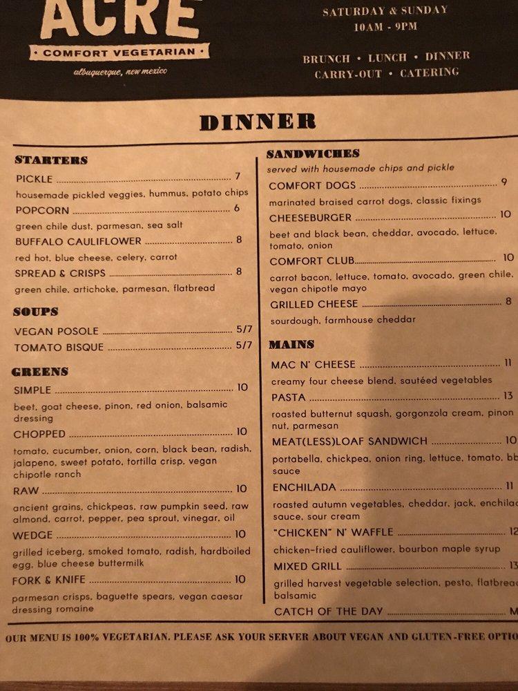 Menu at The Acre restaurant, Albuquerque