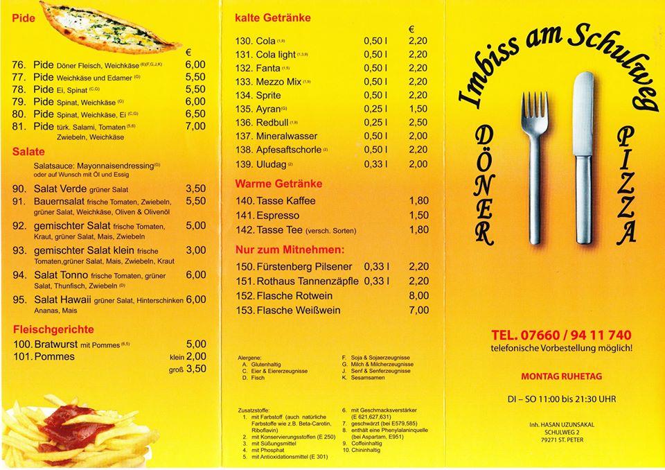 Speisekarte von Imbiss am Schulweg restaurant, Sankt Peter