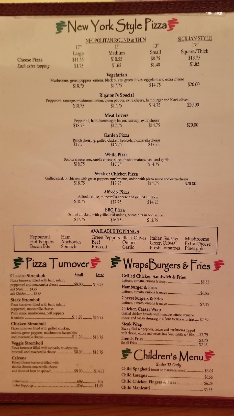 Menu at Rigatoni's Pizzeria & Italian, Pilot Mountain