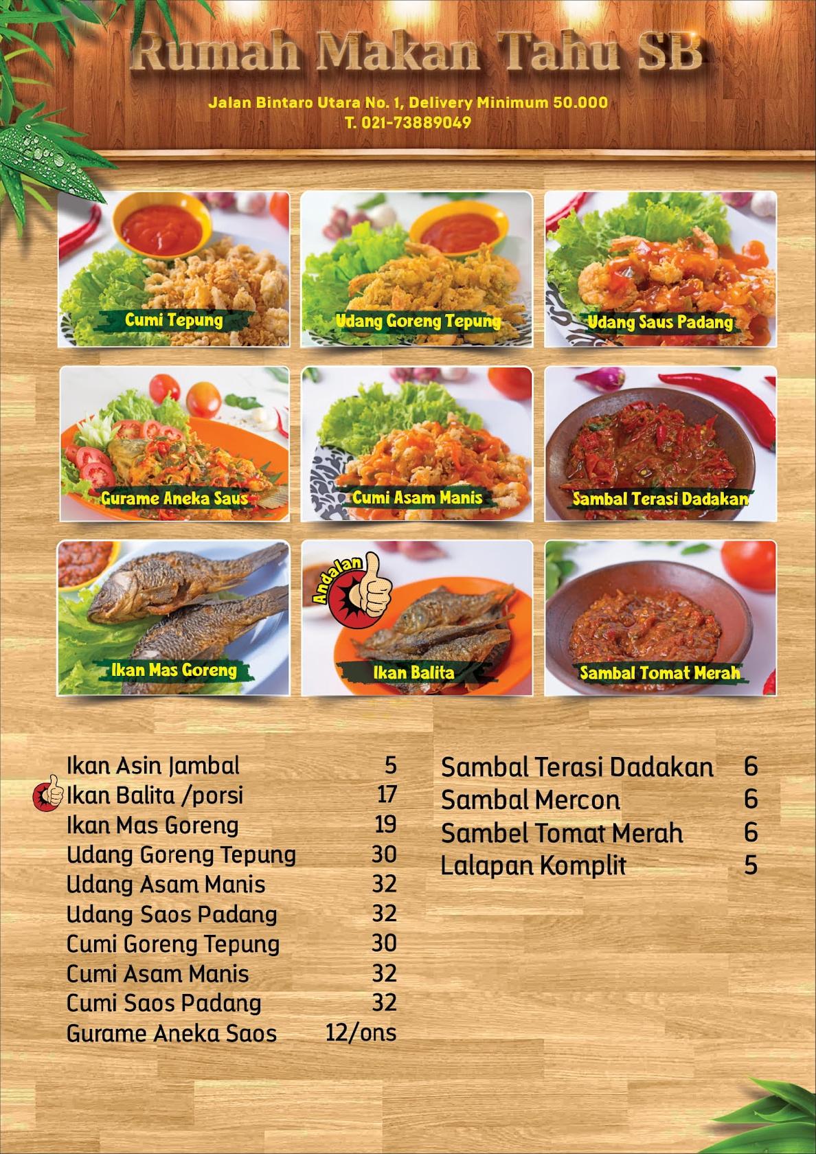 Menu at Rumah makan Tahu SB restaurant, South Jakarta