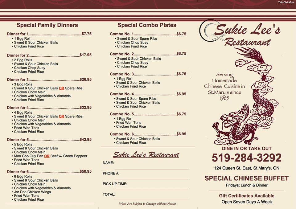 Menu at Sukie Lee's Restaurant, Saint Marys