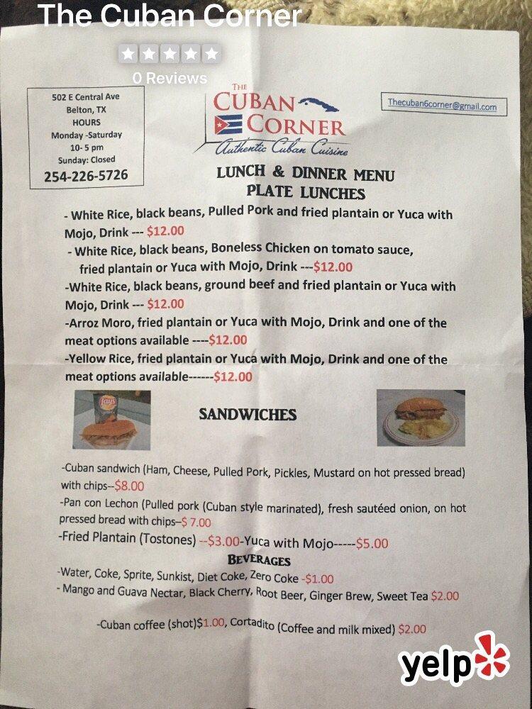 Menu at The Cuban Corner restaurant, Austin, S 1st St