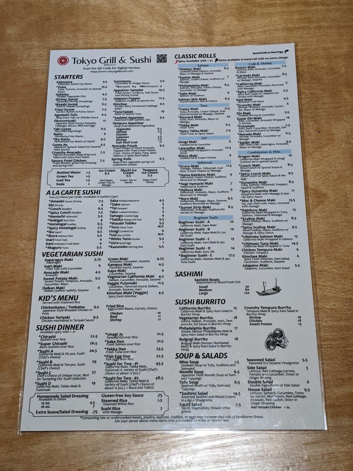 Menu at Tokyo Grill & Sushi restaurant, Kentwood